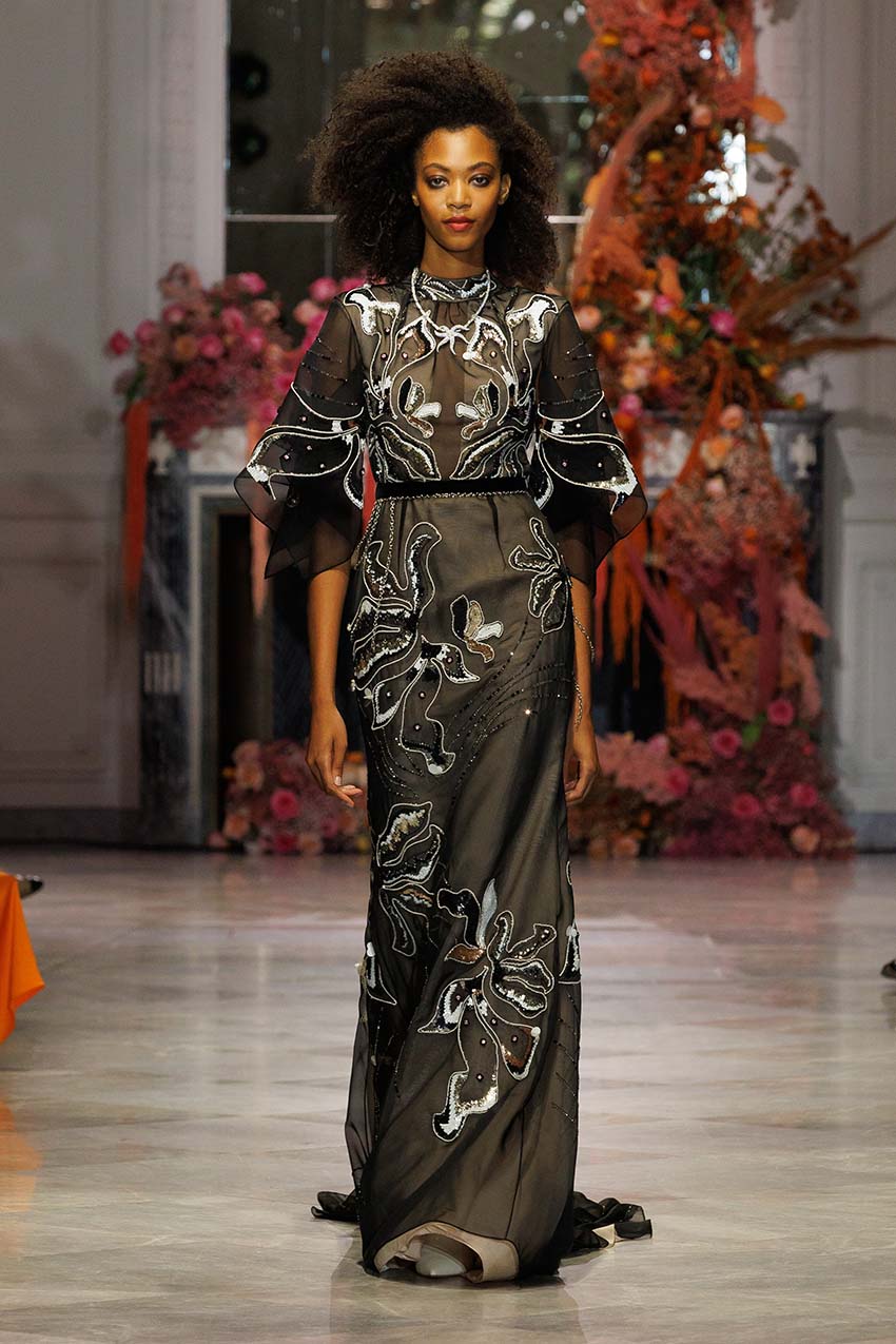 Rhyme Embroidered Black Organza Gown with Winged Sleeves