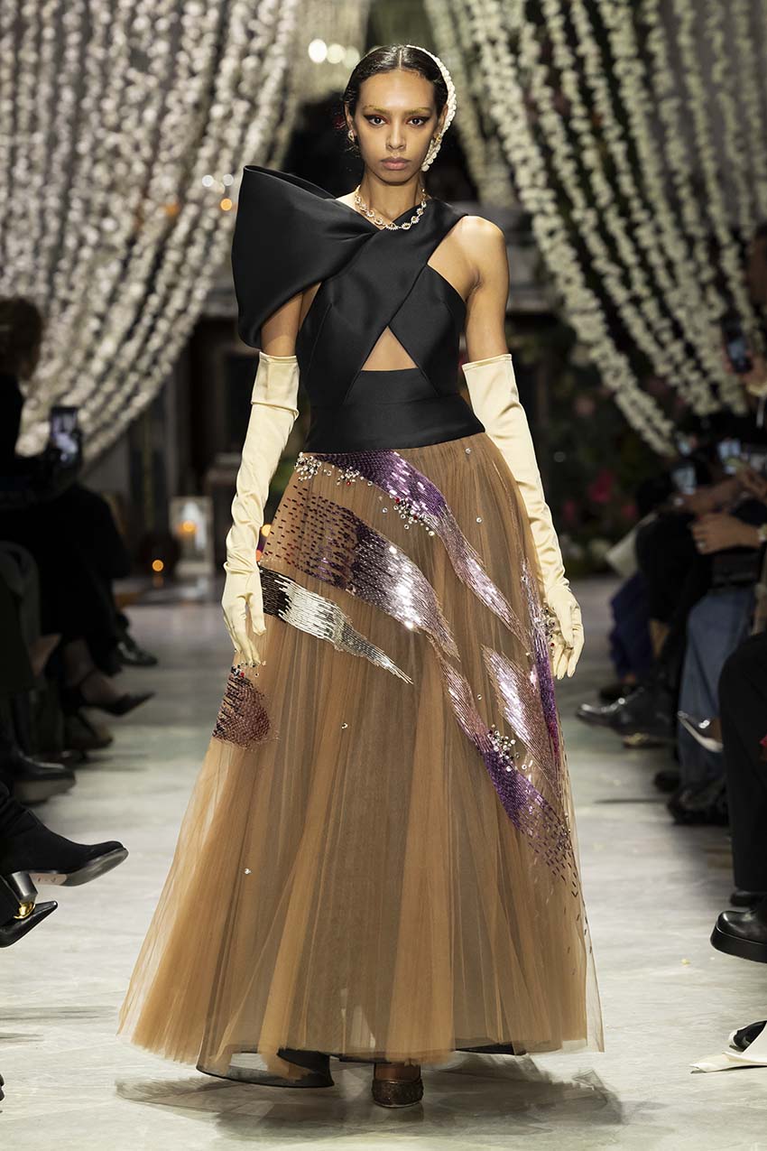 Black Gazar Asymmetric Halter Top with Odisha Ikat Embroidery Tulle Ba