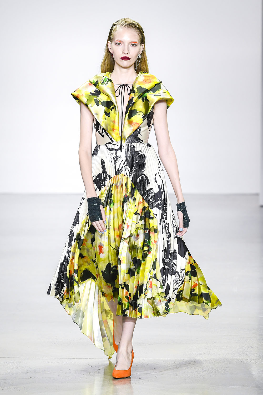 Mixed Print Dress with Draped Wings and Pleated Skirt